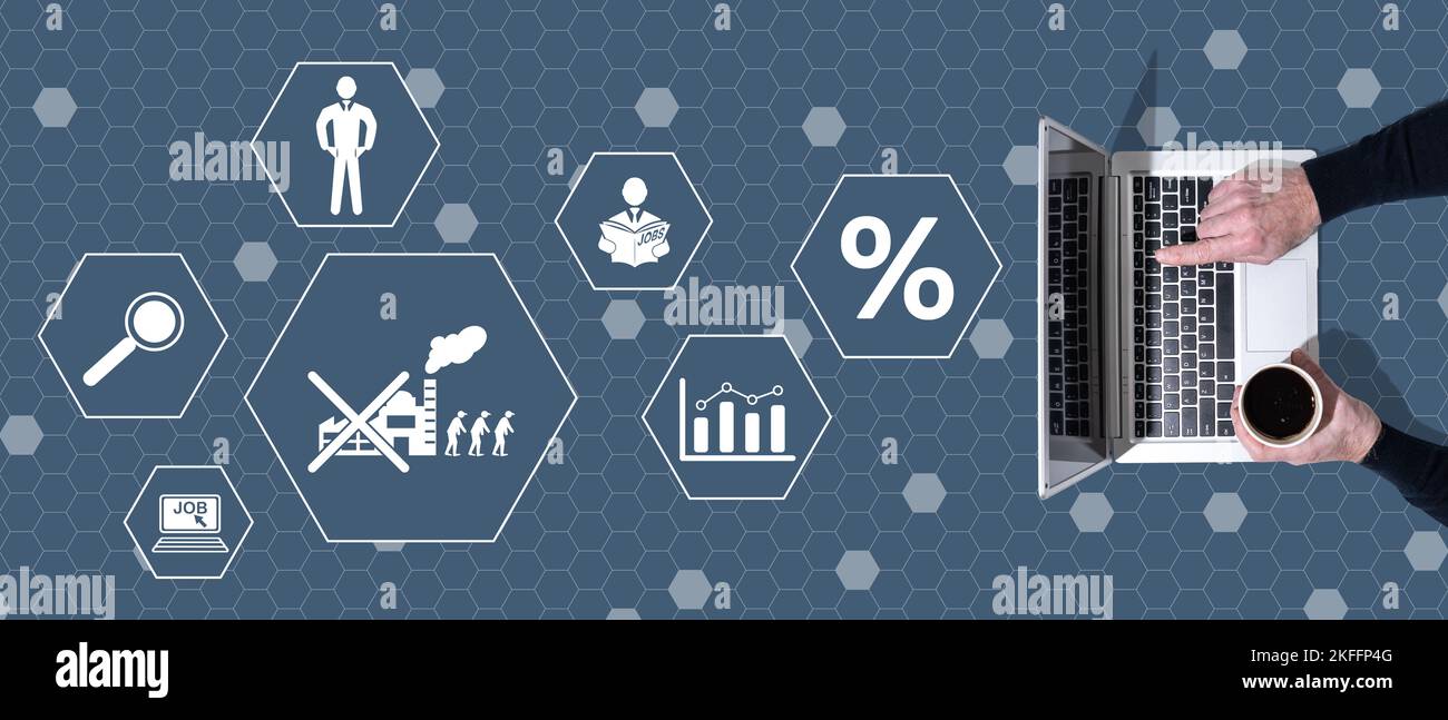 Top view of hands using laptop with symbol of unemployment concept ...