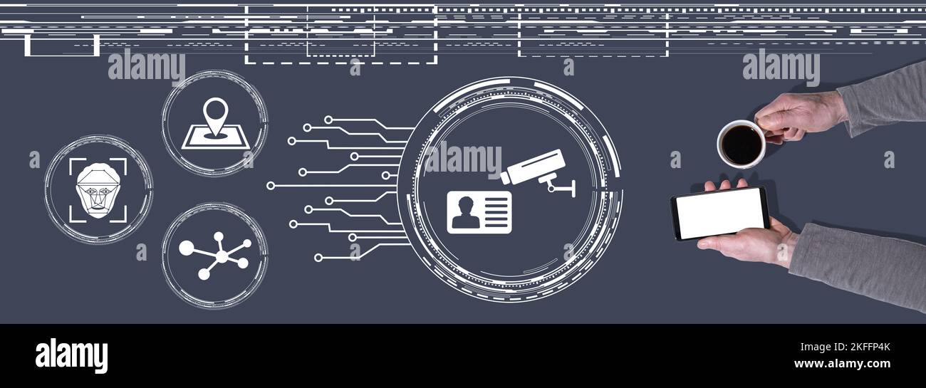 Top view of hands holding a mobile phone and a cup of coffee with ...