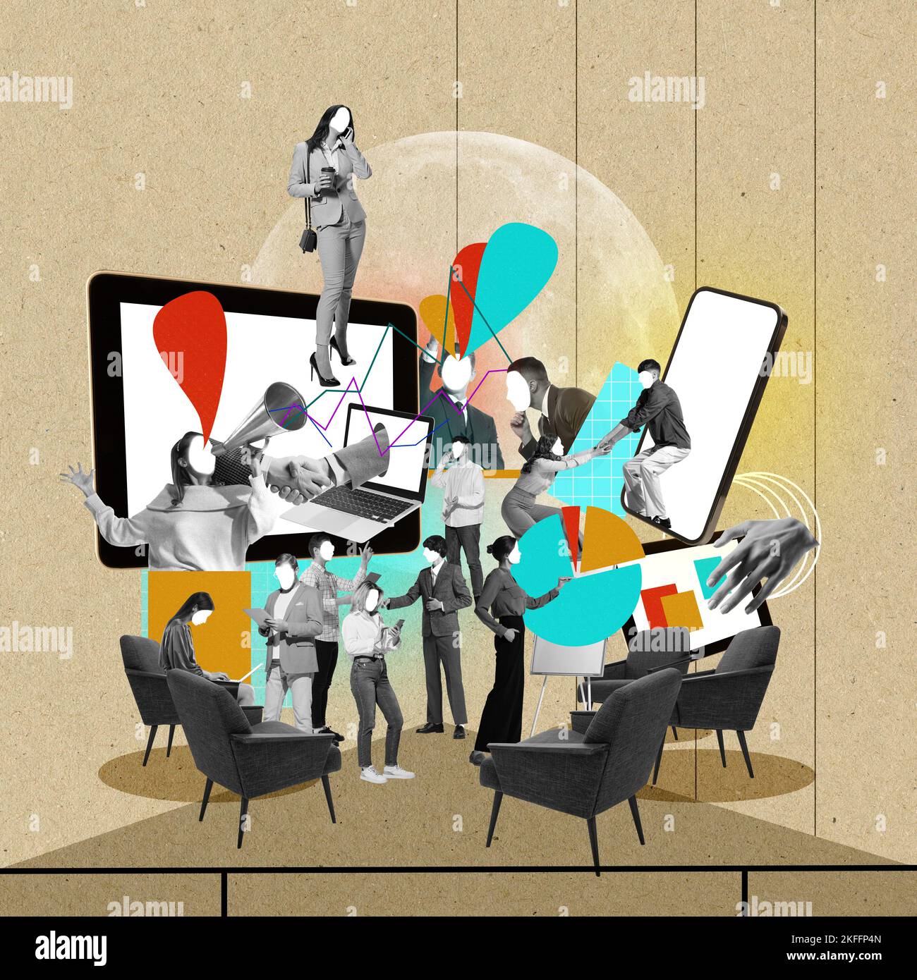 Contemporary art collage. Conceptual design. Group of employees working ...