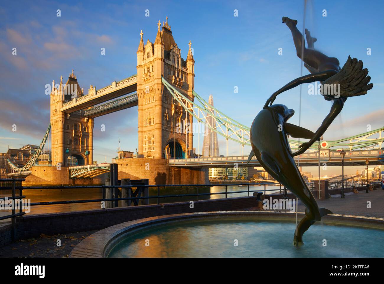 Girl with Dolphin statue and Tower Bridge, London, England, Great ...