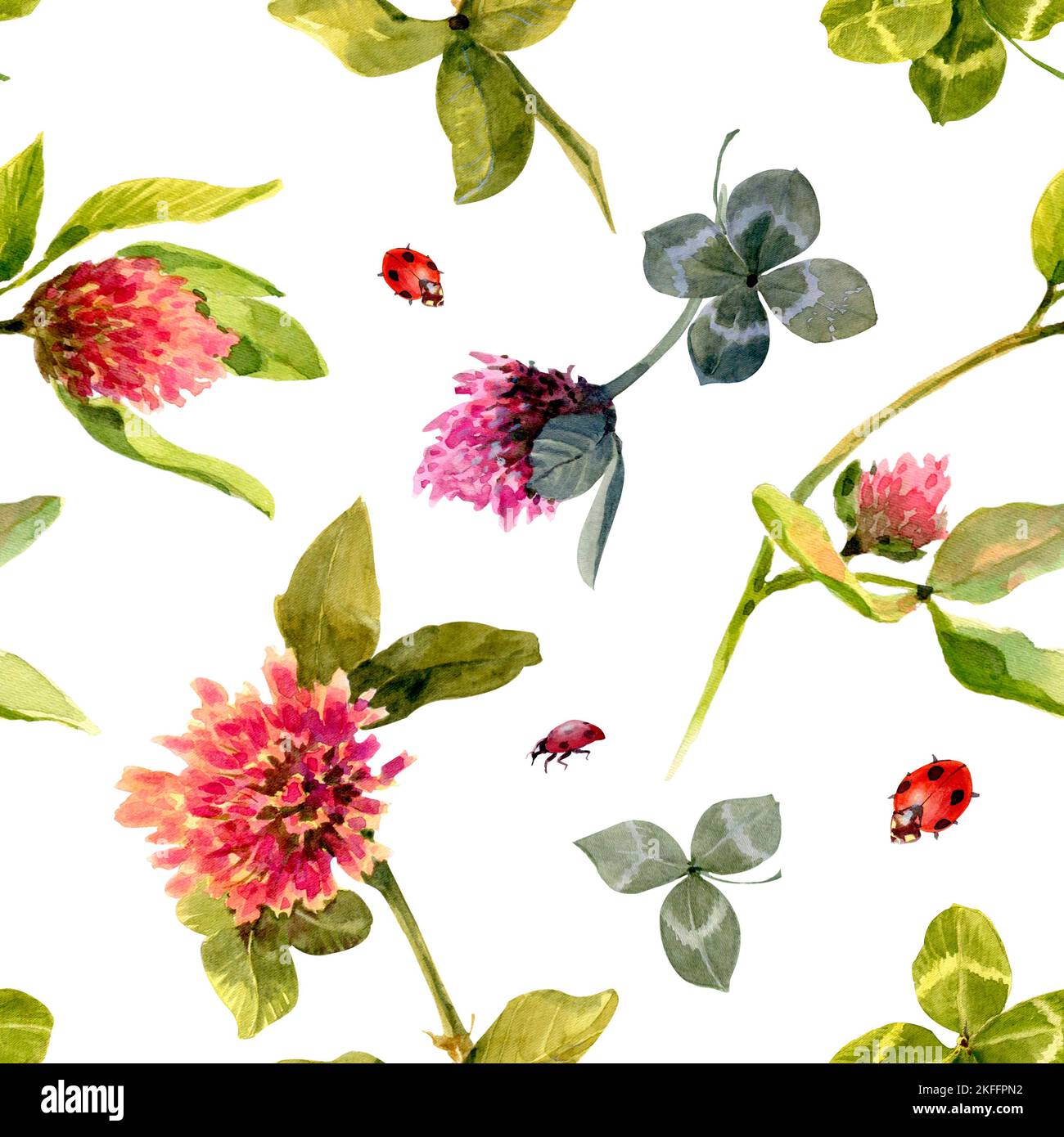 Watercolor seamless pattern, clover leaves and red beetle with black ...