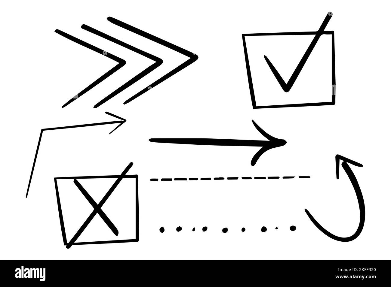 Set lines, arrows, marks in doodle style isolated on white background ...