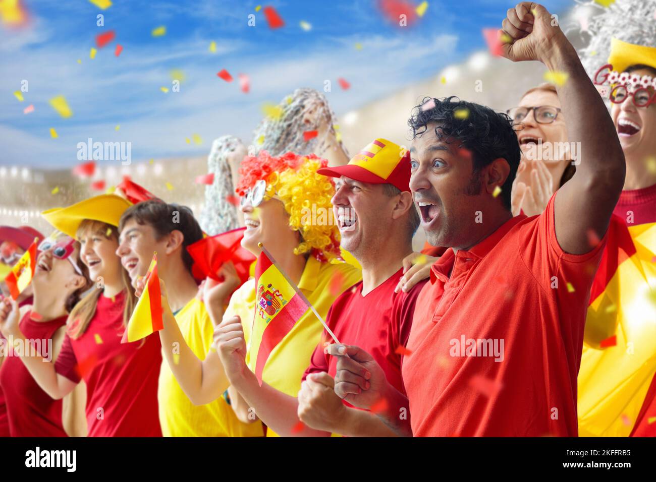 Spain football supporter on stadium. Spanish fans on soccer pitch ...