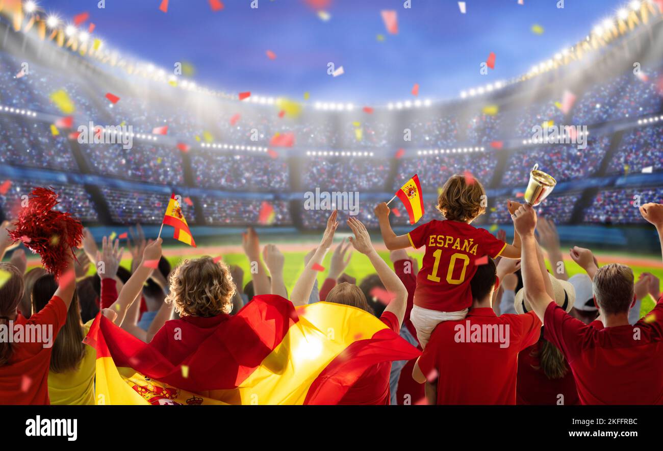 Spain football supporter on stadium. Spanish fans on soccer pitch ...