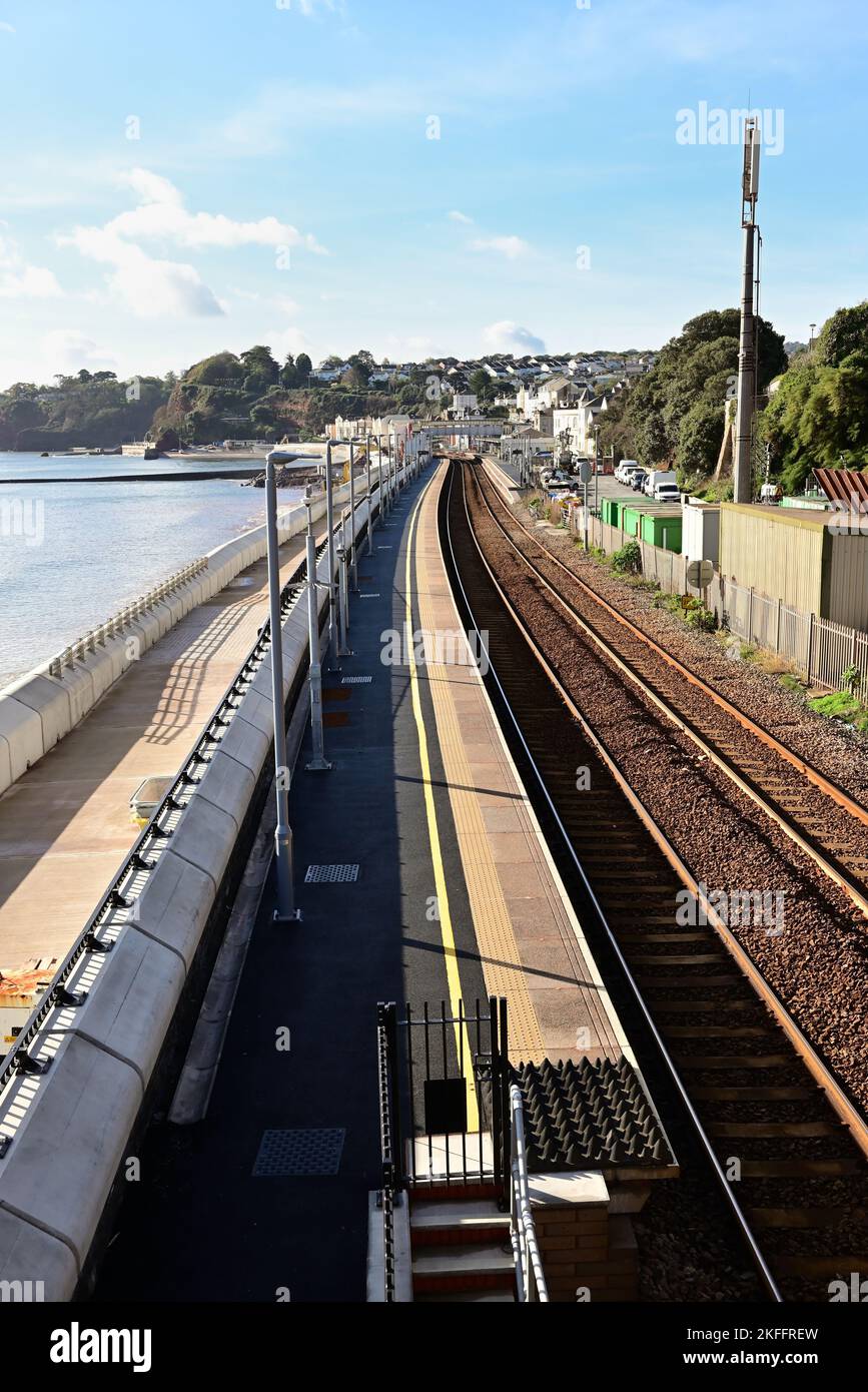 Newly rebuilt seawall and station platform at Dawlish, seen from ...