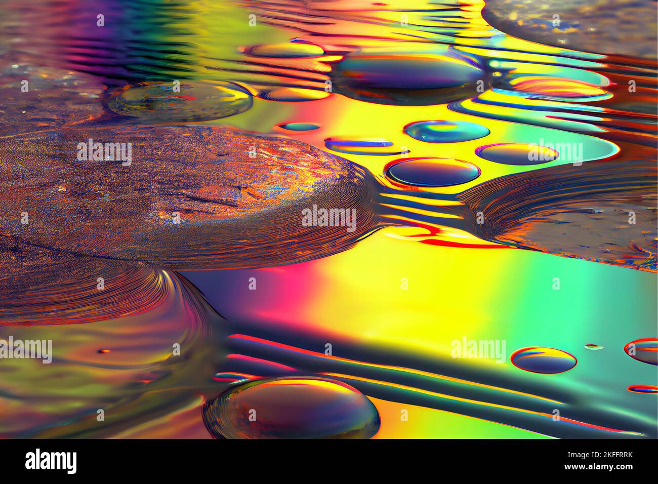 3d Liquid wavy chrome metal surface with colorful chromatic neon lights ...