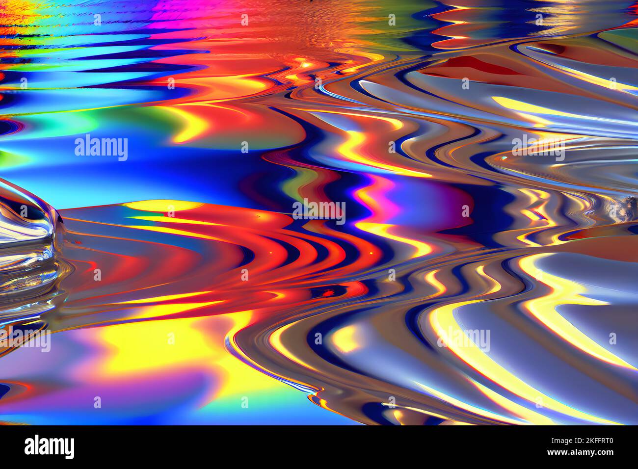 3d Liquid wavy chrome metal surface with colorful chromatic neon lights ...