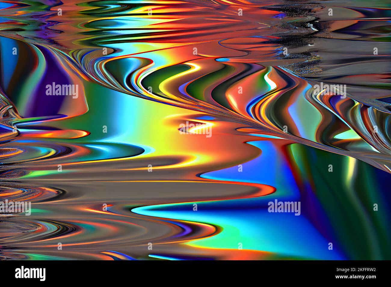 3d Liquid wavy chrome metal surface with colorful chromatic neon lights ...