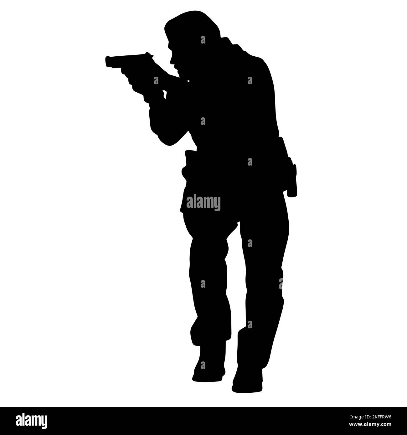 Black and white silhouette of a soldier with a weapon. A special forces ...