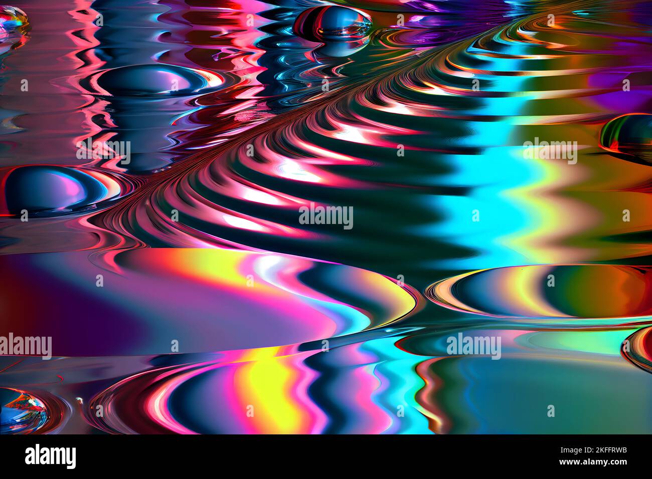 3d Liquid wavy chrome metal surface with colorful chromatic neon lights ...