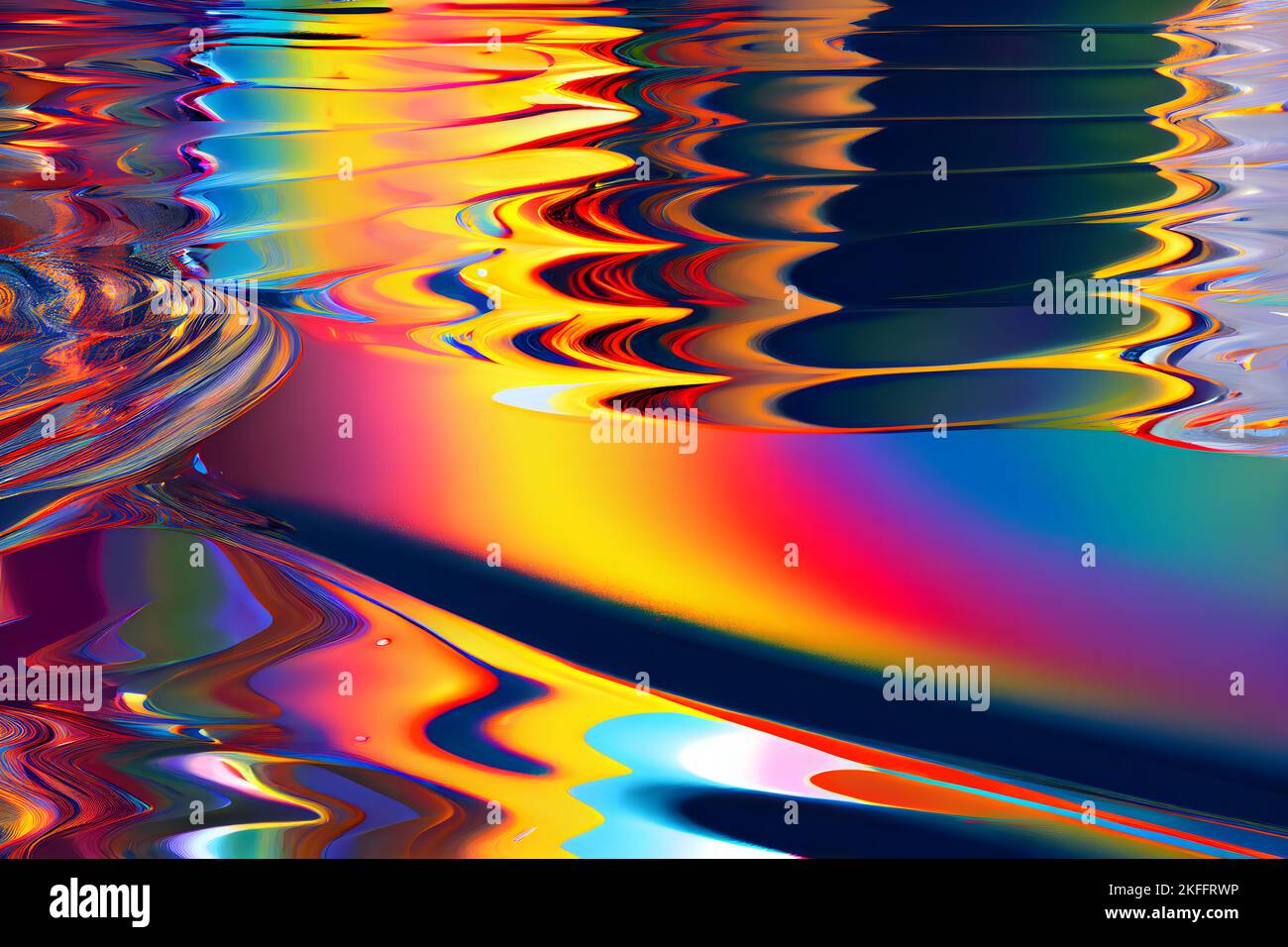 3d Liquid wavy chrome metal surface with colorful chromatic neon lights ...