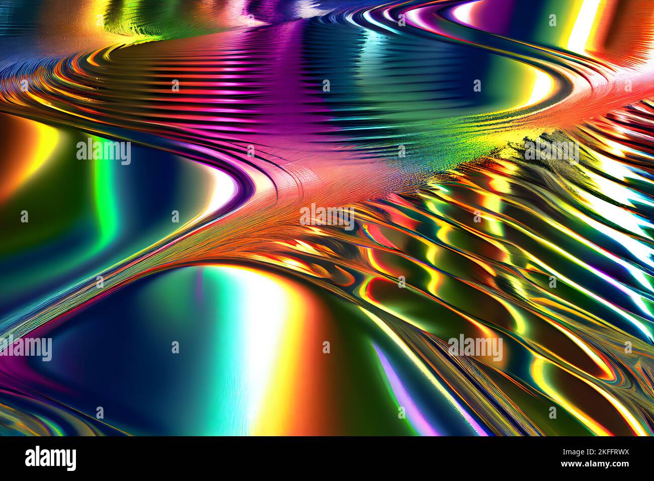 3d Liquid wavy chrome metal surface with colorful chromatic neon lights ...