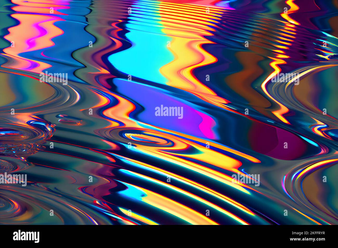 3d Liquid wavy chrome metal surface with colorful chromatic neon lights ...