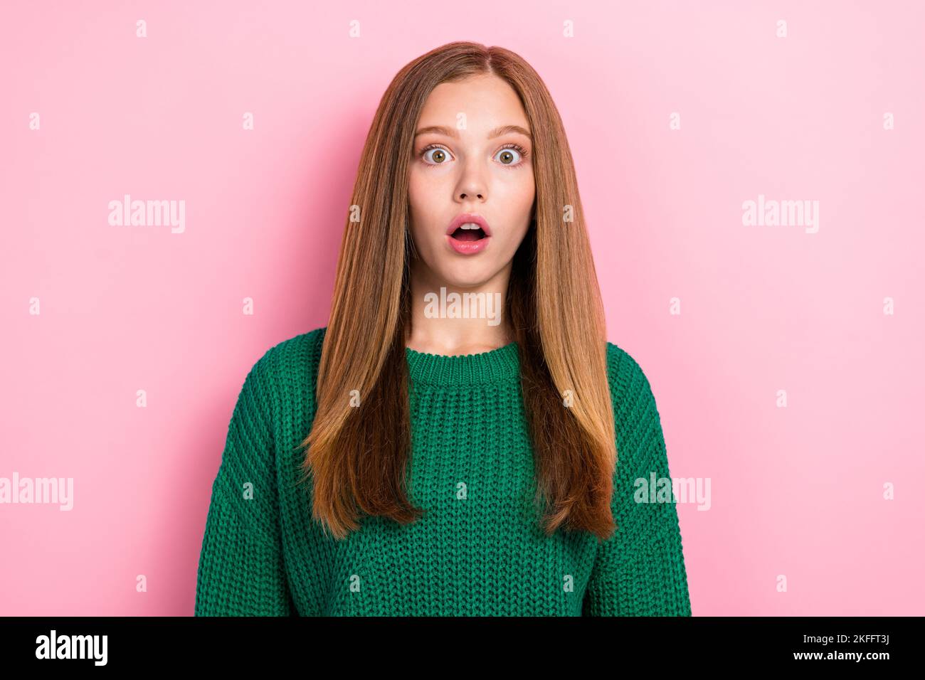 Closeup photo of young scared funky woman brown long beautiful hair ...