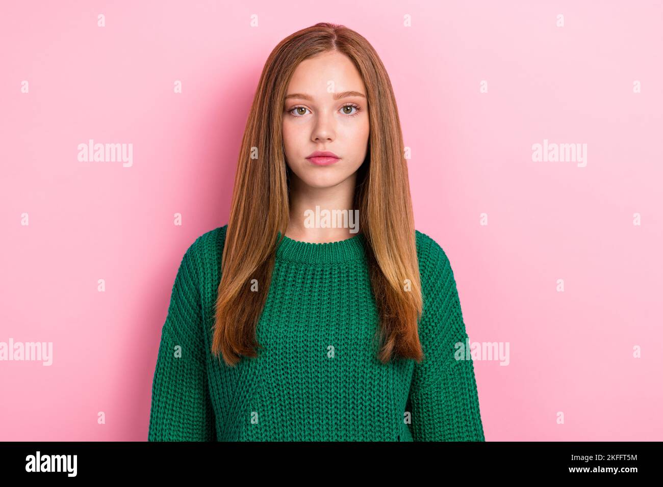 Photo of young serious adorable nice brown hair woman wear comfortable ...