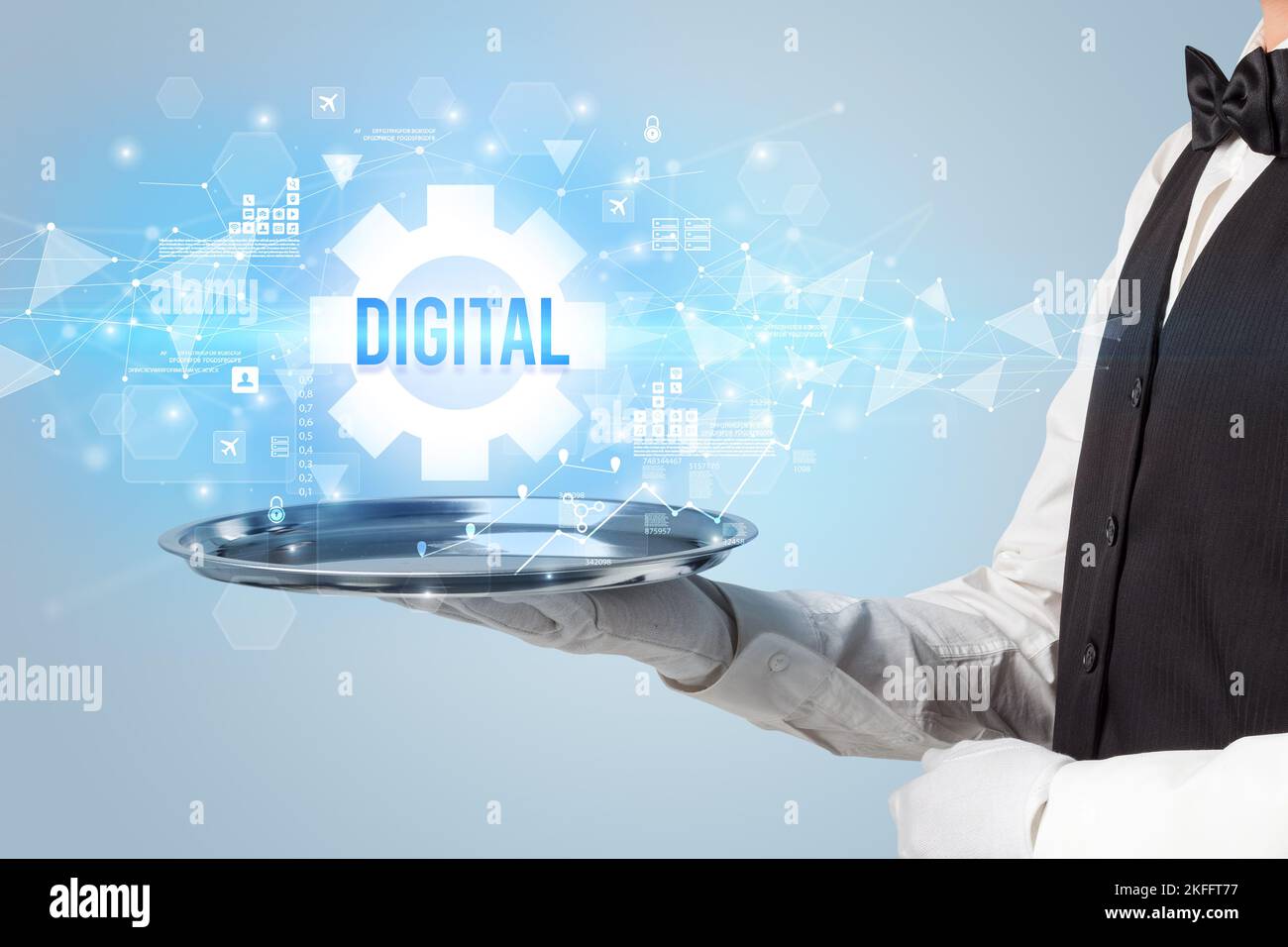 Waiter serving new technology concept Stock Photo - Alamy