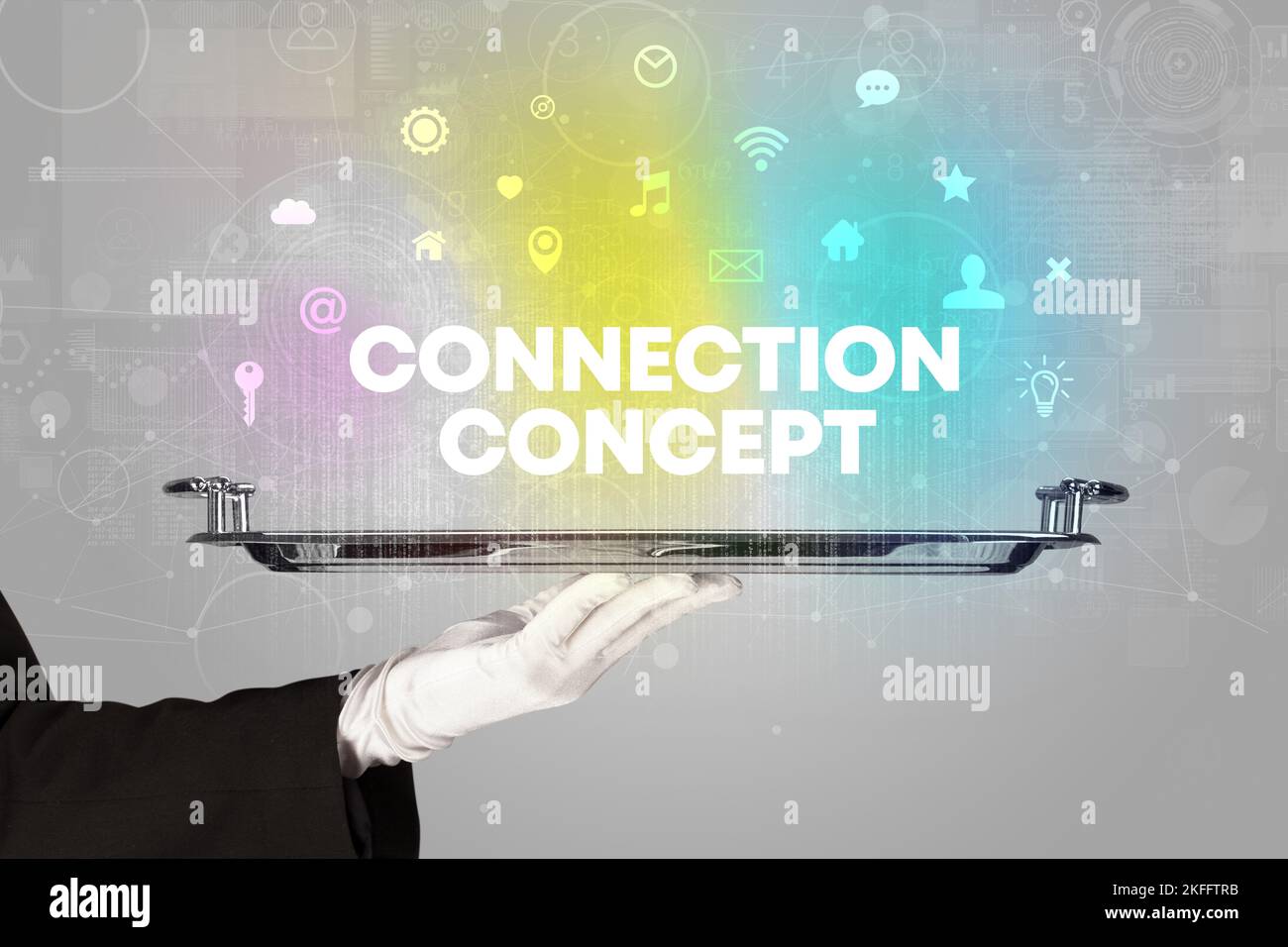 Waiter serving social networking concept Stock Photo - Alamy