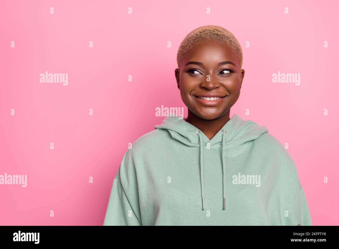 Photo of young cute girl look blank space see shopping sales promotion ...