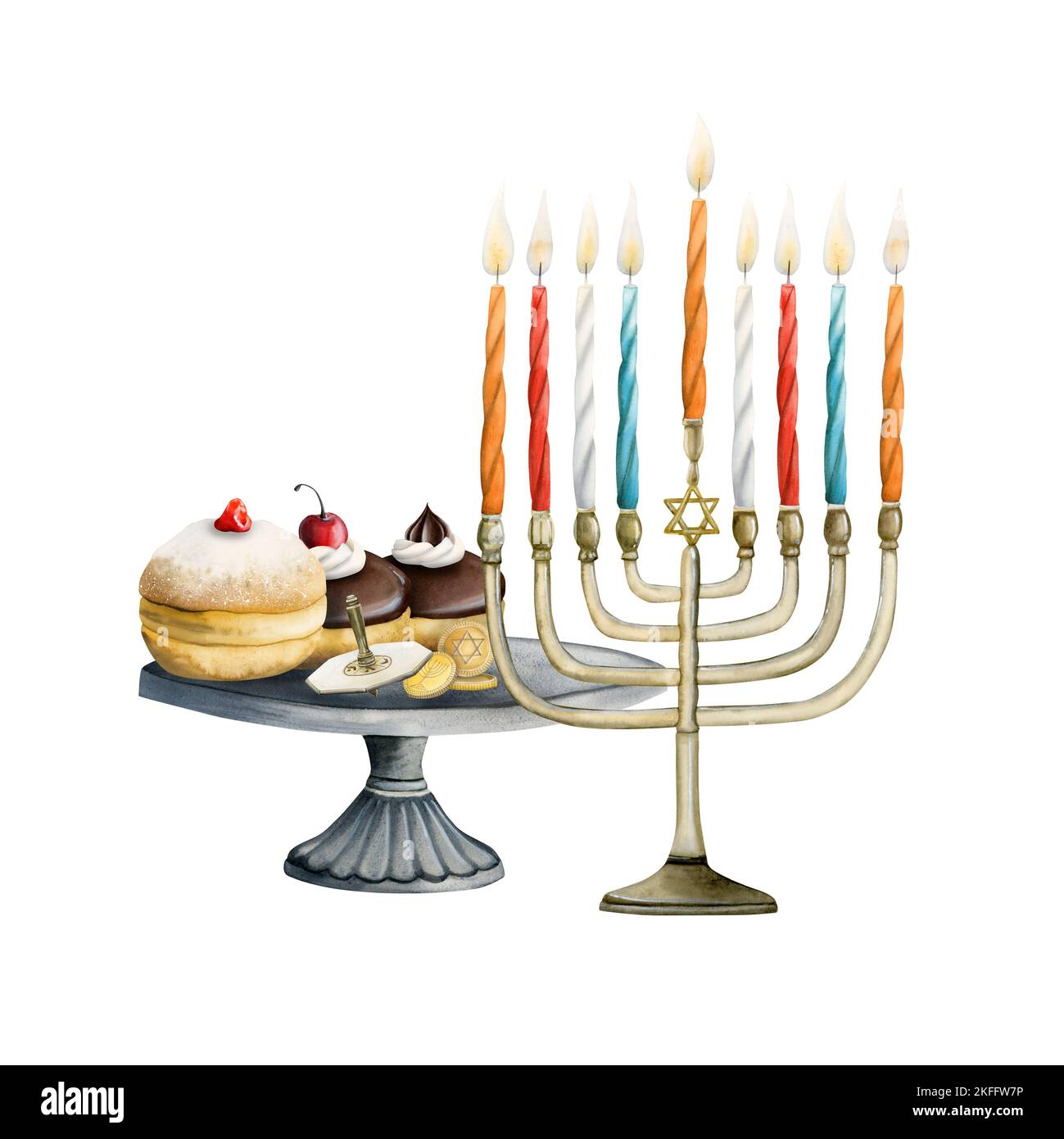 Jewish holiday Hanukkah symbols with menorah, candles, dreidel ...