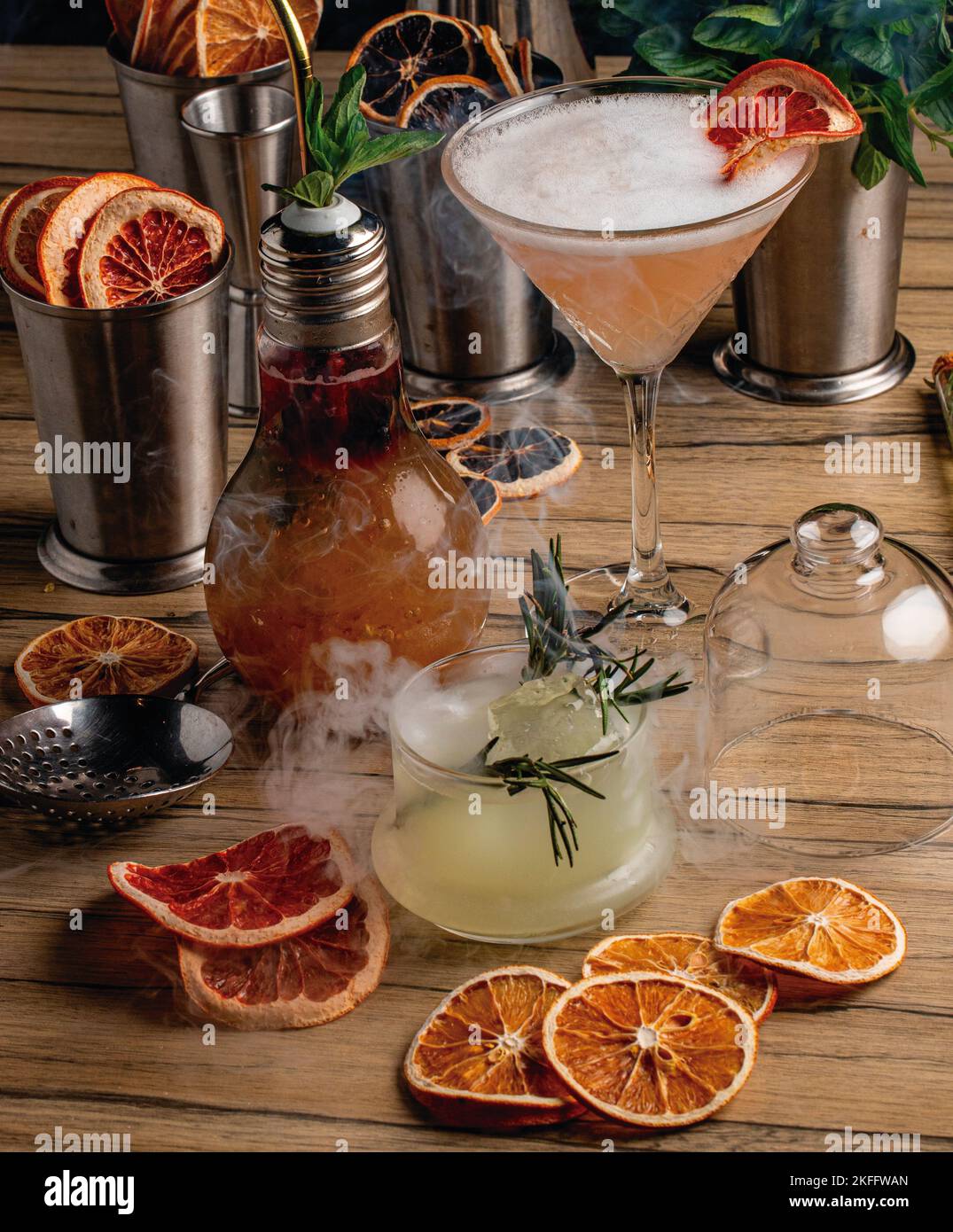 A vertical closeup shot of delicious exotic colorful cocktails ...
