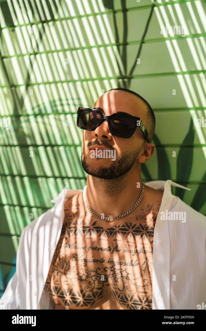 A vertical shot of the young, Spanish man posing with palm tree shadows ...