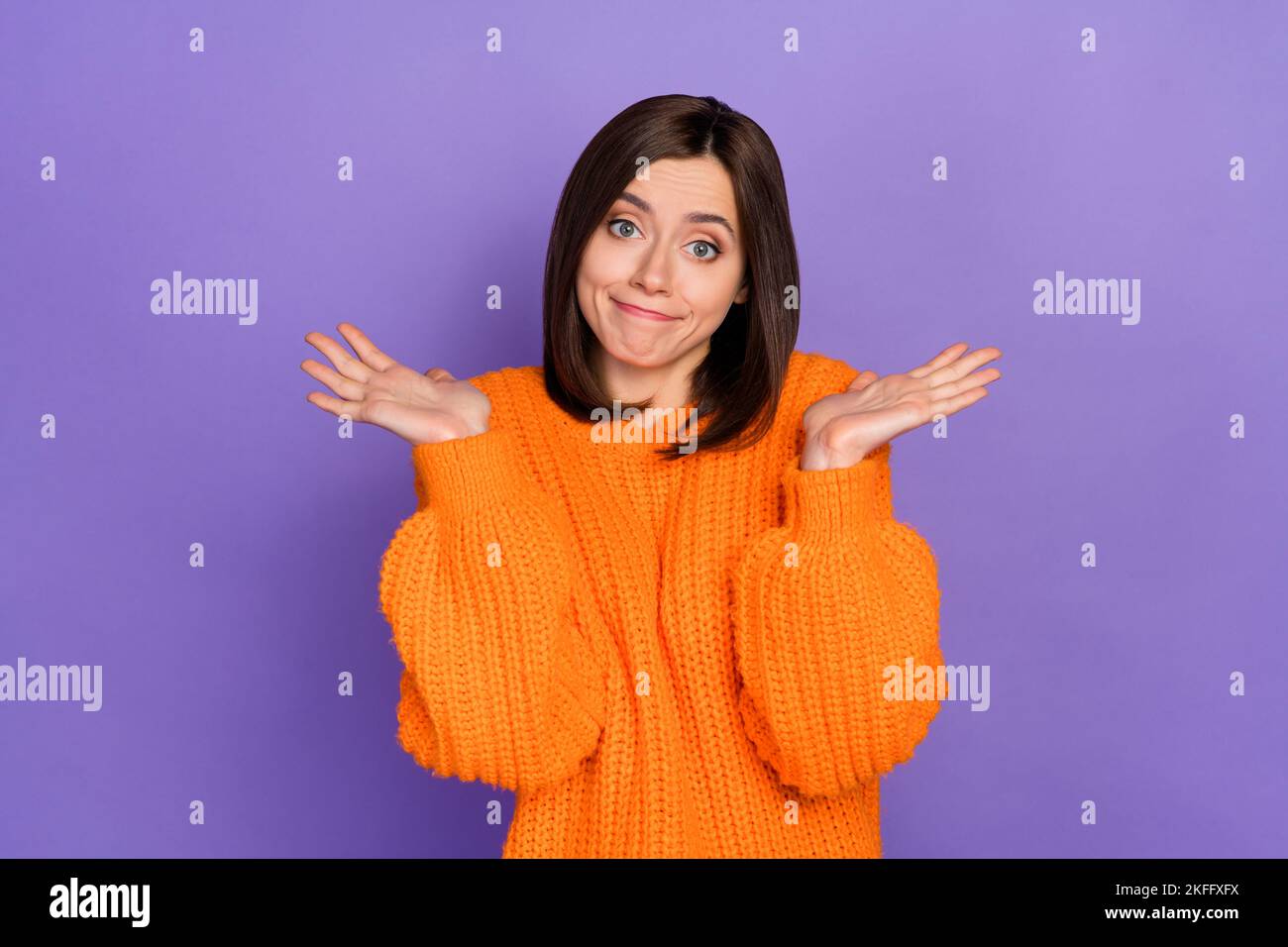 Portrait of clueless lady shrug shoulders arms palms dont know isolated ...