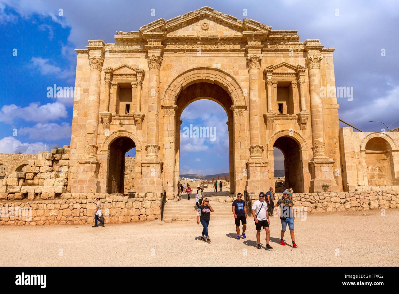 Jerash, Jordan - November 7, 2022: Tourists in front of Arch of Hadrian ...