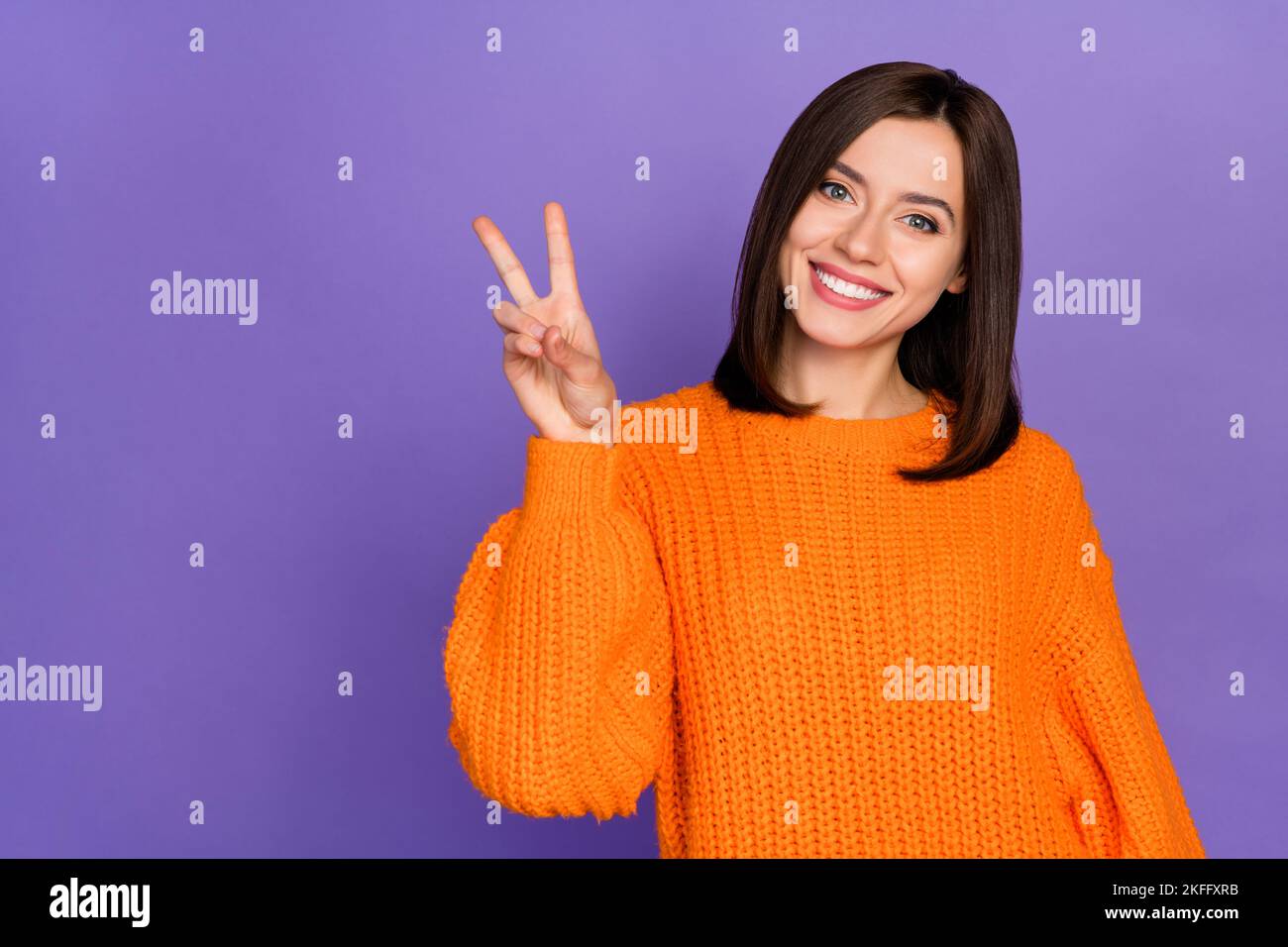 Portrait of positive adorable girl beaming smile hand fingers ...