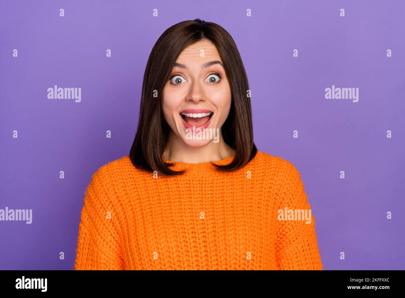 Photo portrait of pretty young lady excited astonished impressed ...