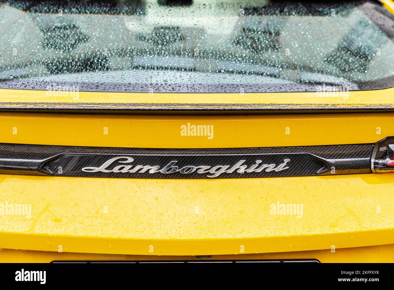 Vienna, Austria - October 14, 2022: Sign of a yellow Lamborghini Urus ...
