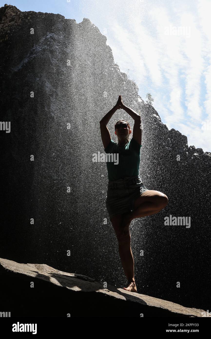 Yoga,yoga pose,under,Waterfall,la cascade du Deroc,August,summer,near ...
