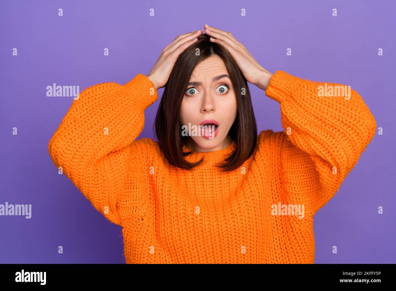 Photo portrait of nice young lady touch head confused impressed dressed ...