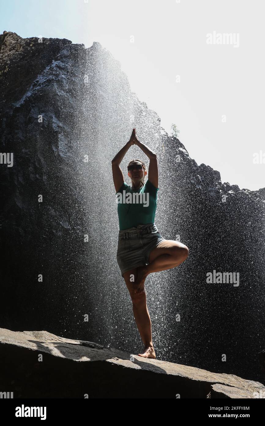 Yoga,yoga pose,under,Waterfall,la cascade du Deroc,August,summer,near ...