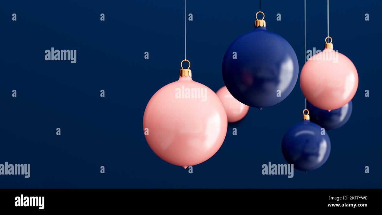 Pink and blue festive christmas hanging baubles. Christmas poster. 3D ...