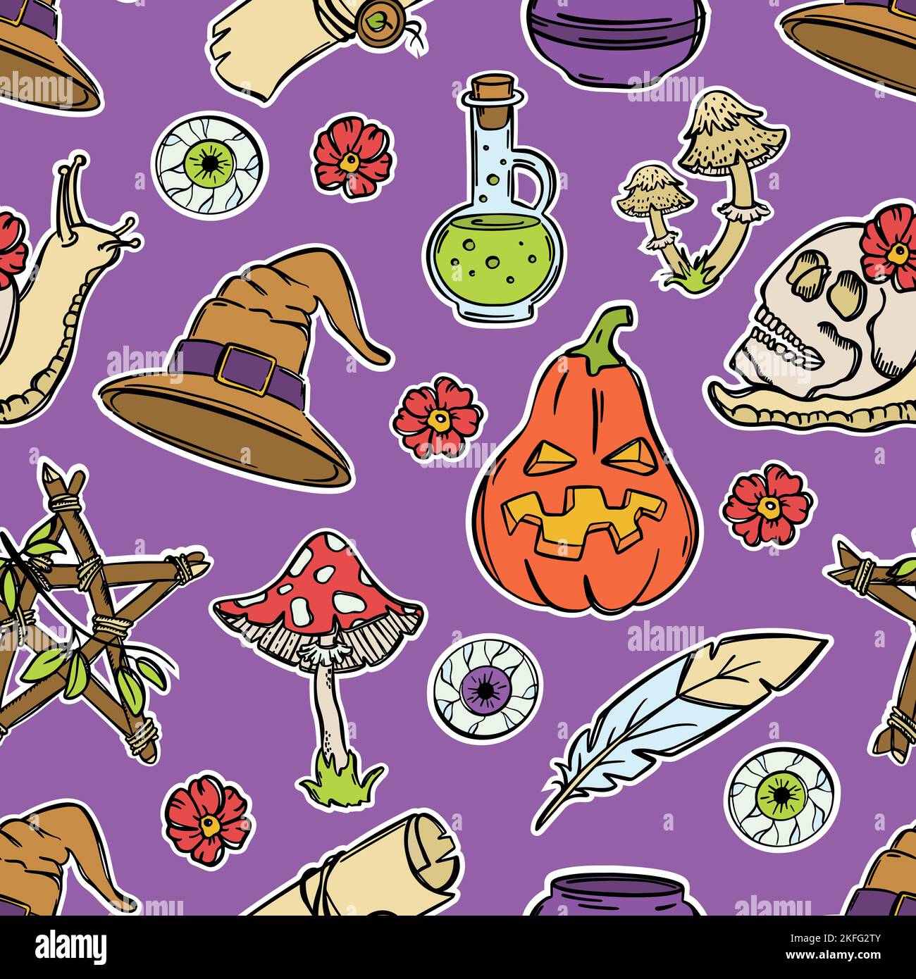 HALLOWEEN SKULL Pumpkin Hat Cauldron Poison Snail And Other Witchcraft Elements Flat Design With ...