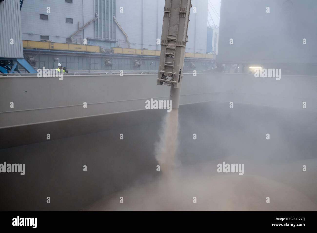 Cargo ship loading grain at grain elevator terminal in Port of Gdynia ...