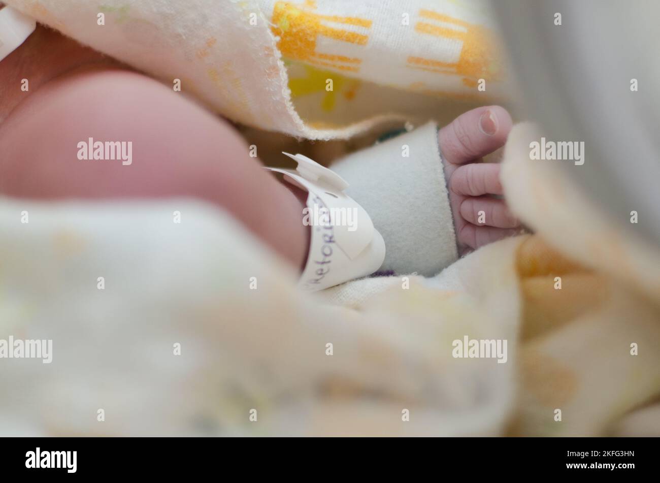 A newborn baby in hospital being cleaned up by a doctor after birth ...
