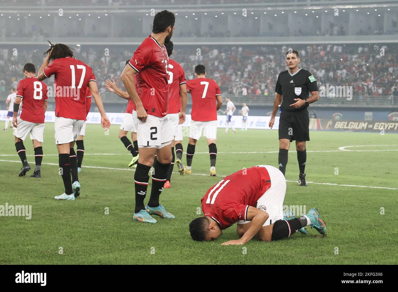 Egyptian Mostafa Abdalia celebrates after scoring during a friendly ...