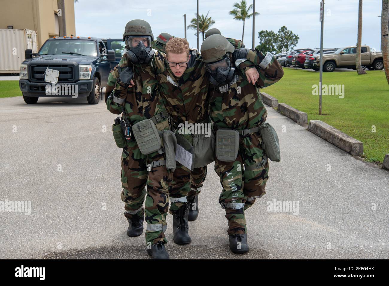 U.S. Air Force Airmen with the 36th Medical Group carry a patient to get treatment during ...
