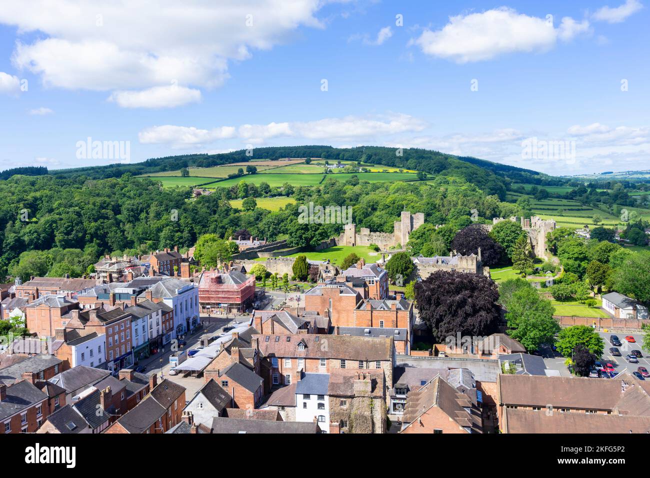 Ludlow Shropshire view of the medieval Ludlow castle ruin town centre ...