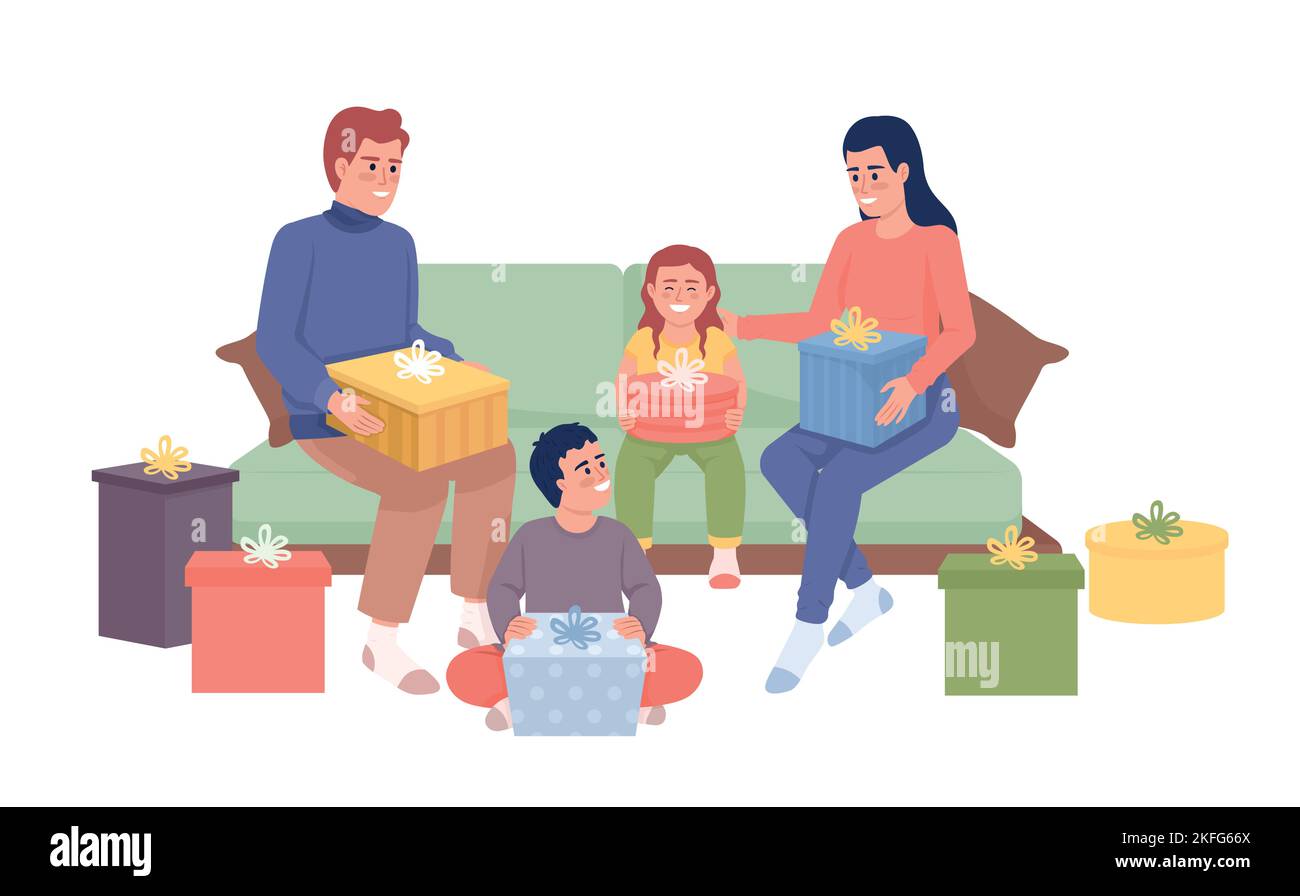 Family members unpacking gifts semi flat color vector character Stock ...