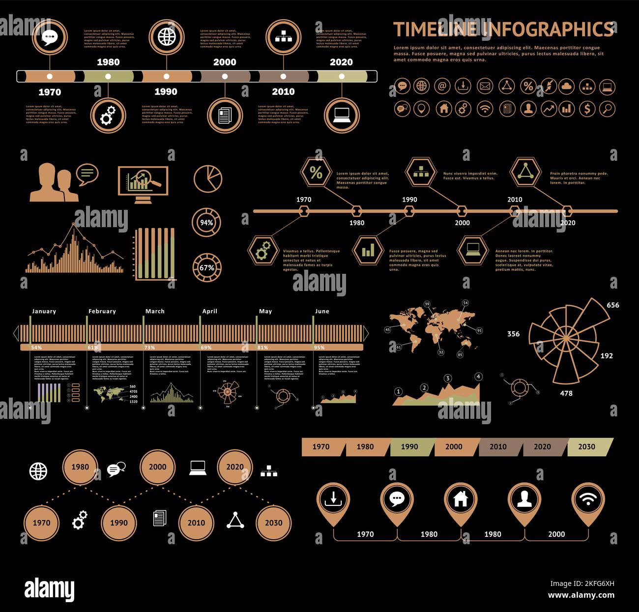 Set of timeline Infographic with diagrams and text. Vector Concept ...