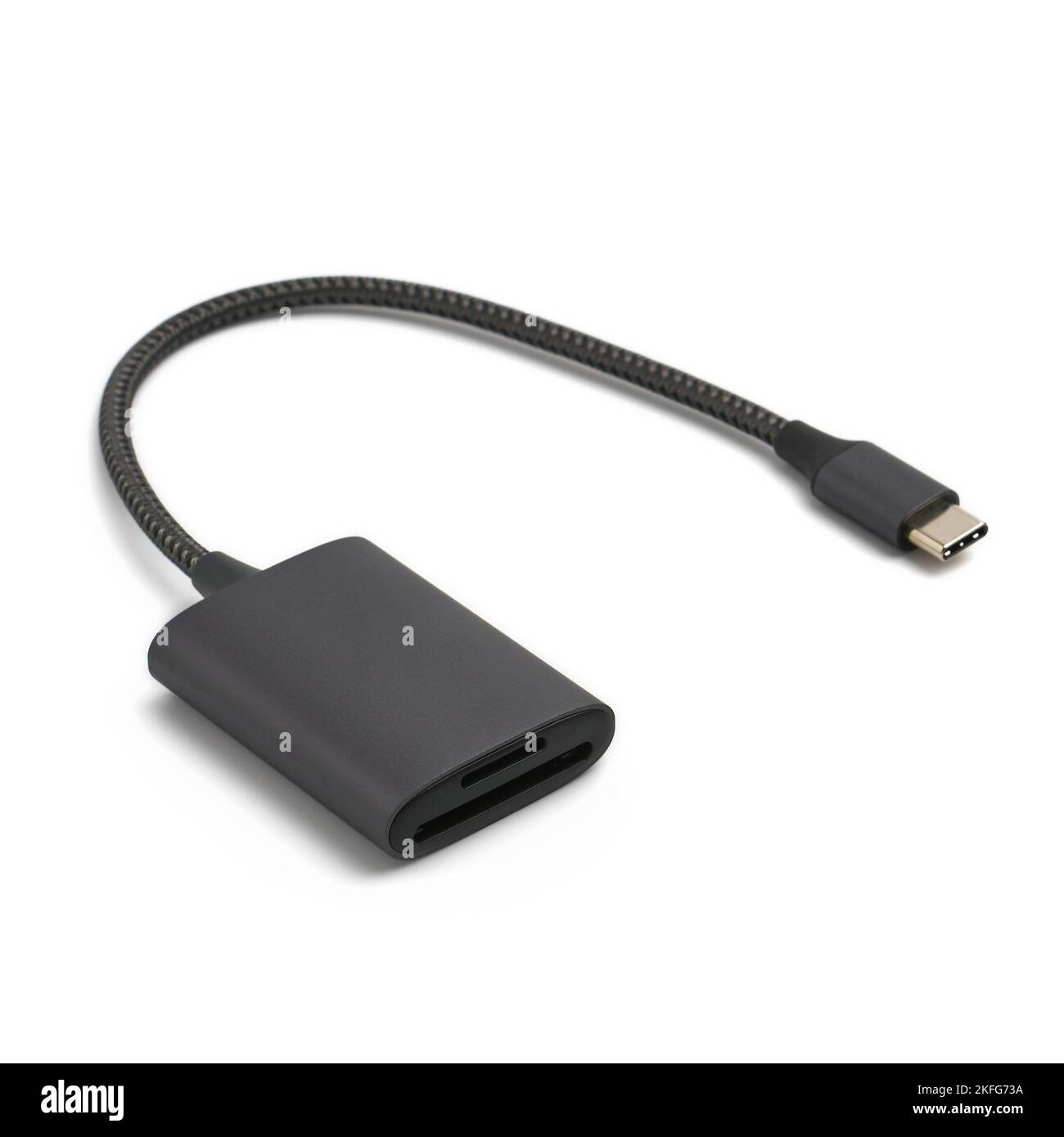 Metal card reader with type-с cord on white background, shallow depth ...