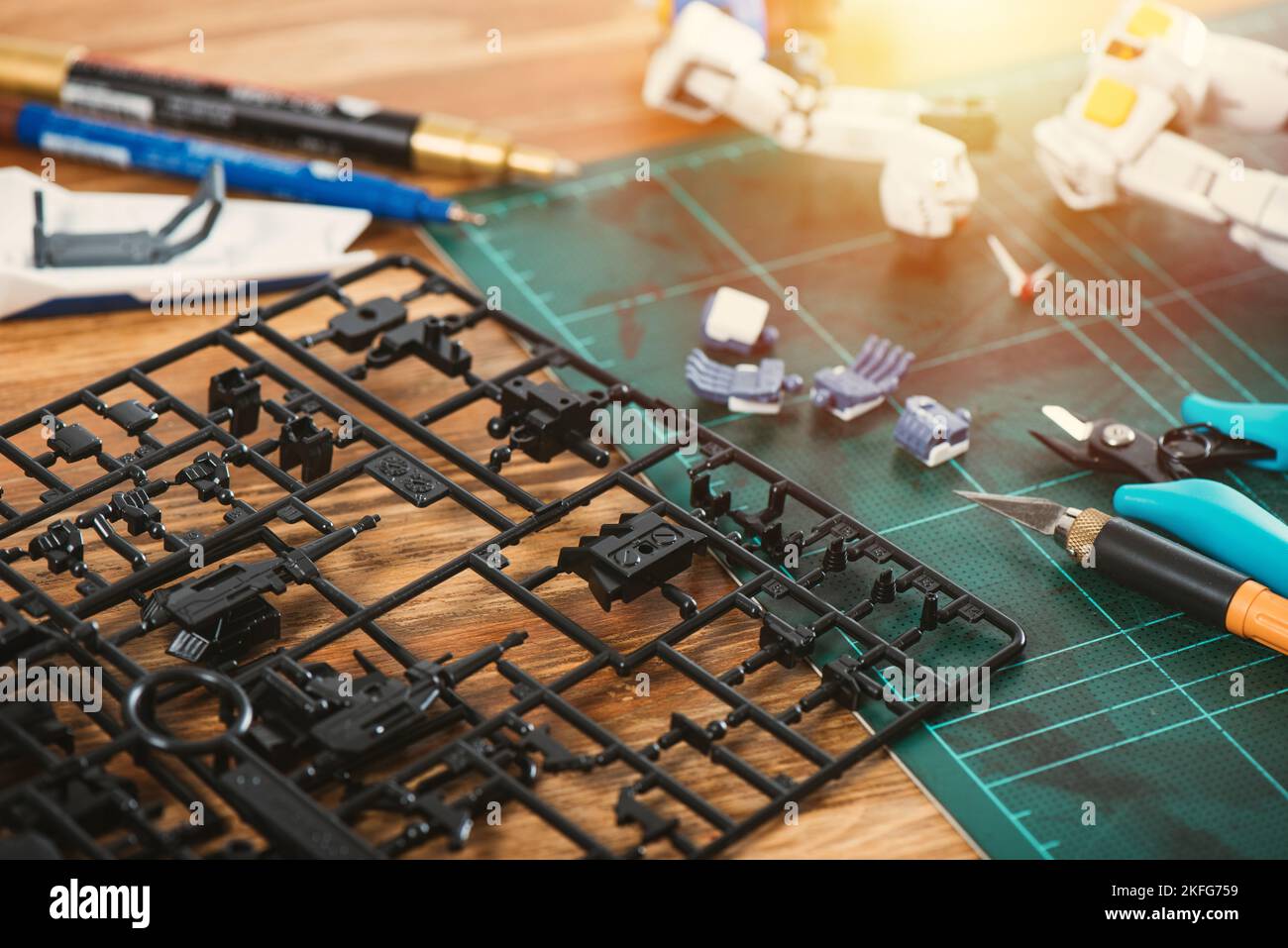 Close up black plastic sprues or injection moulding of model kit ...