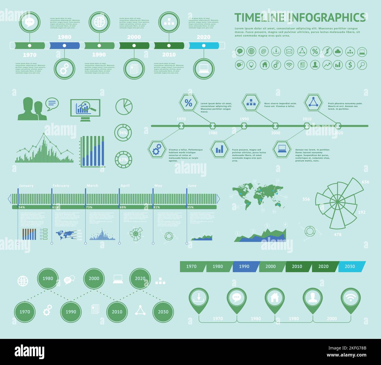Set of timeline Infographic with diagrams and text. Vector Concept ...