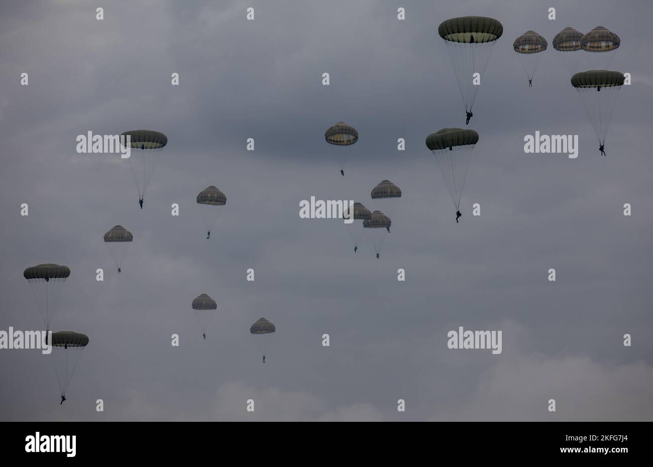 A group of U.S. Army and European Paratroopers conduct an Airborne jump ...