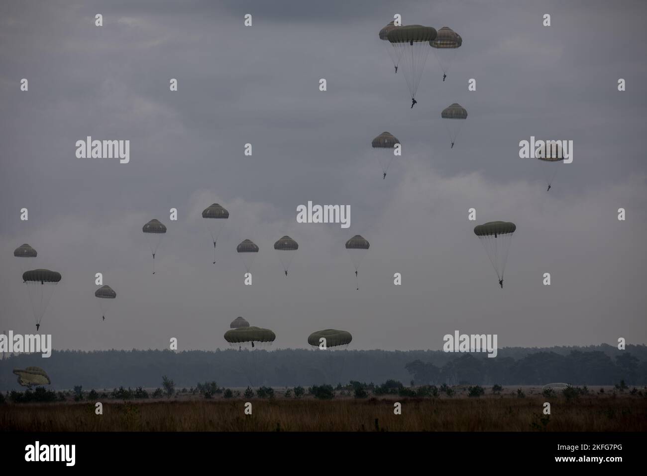 A group of U.S. Army and European Paratroopers conduct an Airborne jump ...