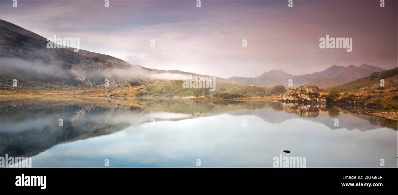 Misty Dawn on Llyn Mymbyr Capel Curig, Snowdonia National Park Gwynedd ...
