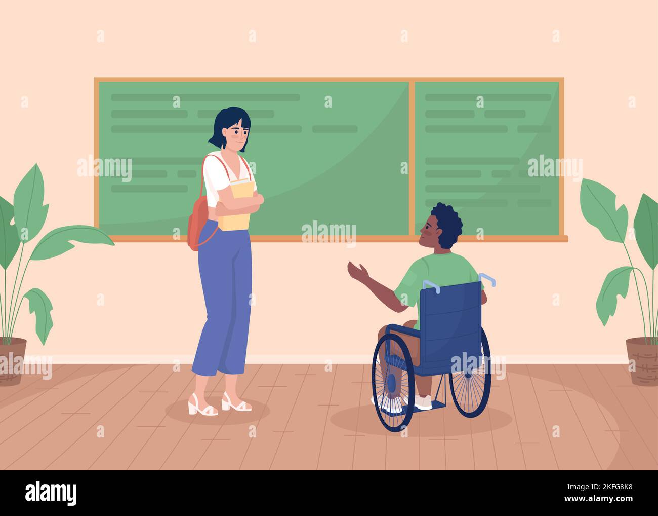 Disabled student with friend in classroom flat color vector ...