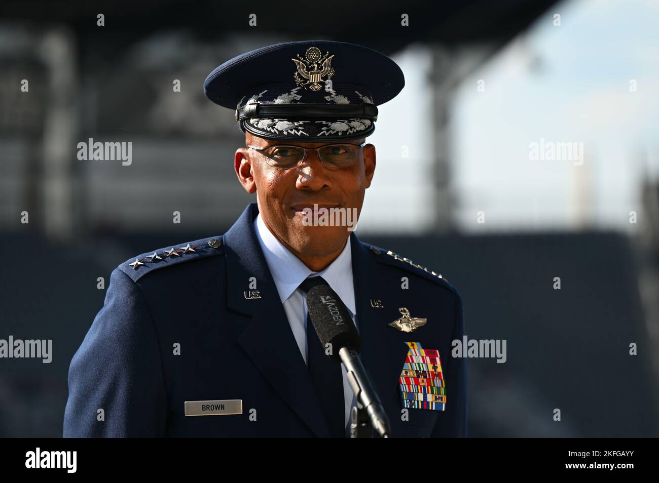 Air Force Chief of Staff Gen. CQ Brown, Jr. answers questions during a ...